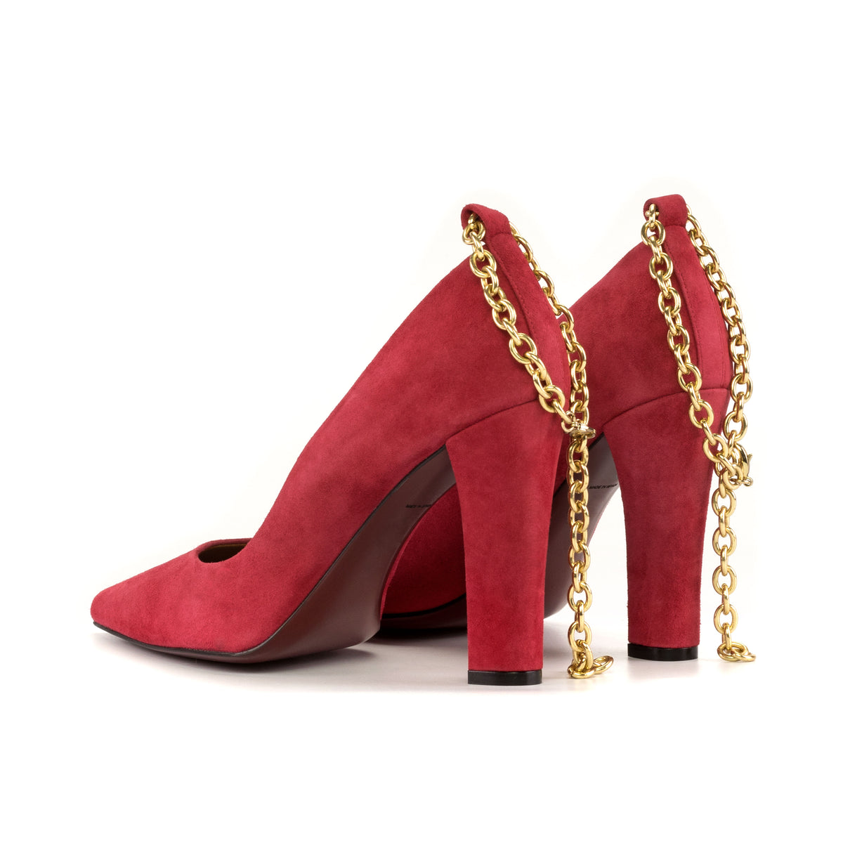 Red Suede High Heels With Gold Chain Strap Future Is Retro